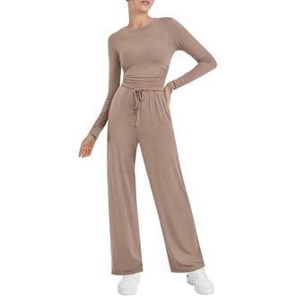 Generic Costume extensible pour femme - Tenue dautomne deux pi&egrave;ces - Surv&ecirc;tement &agrave; manches longues - Haut court &agrave; manches longues - T-shirt - Pantalon large -