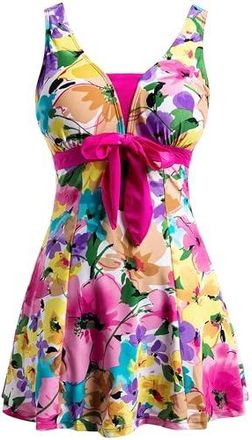 Wantdo Femme Maillots de Bain Une Pi&egrave;ce Robe pour Natation Sportif Impression &Eacute;lasticit&eacute; Imprim&eacute; Fleur Col en V Taille Plus Cache-Ventre Bretelles Larges Rem