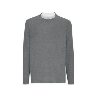 Brunello Cucinelli Silk And Cotton Lightweight Jersey Long Sleeve Crew Neck T-shirt With Contrast Detail