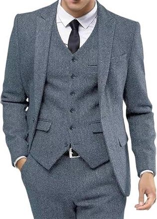 Generic Costume Homme 3 pièces en Tweed à Chevrons, idéal pour dîner, Mariage ou Bal de Promo. Ensemble 3 pièces Bleu Clair, col Pointu, Taille 4XL