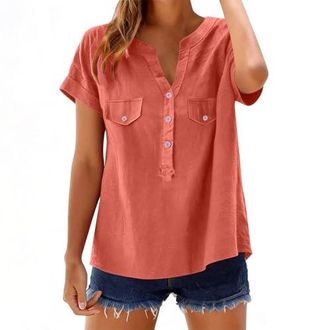 Generic T-shirt en gaze pour femme - Col Henley boutonn&eacute; - Manches courtes - Couleur unie - Chemisier d&eacute;contract&eacute; tendance - Col en V - Coupe ample avec deux 