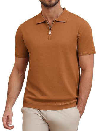 Coofandy Herren Strick Poloshirt mit Rei&szlig;verschluss Kurzarm Zip Polo Sommer Polohemd Polo Shirts Golf Shirt Rotekaffee XXL