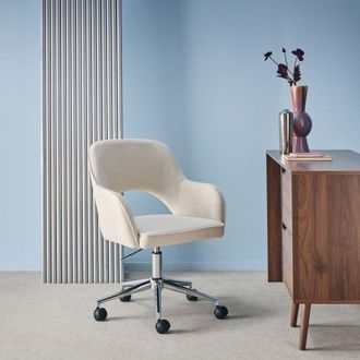 Sweeek Chaise de bureau &agrave; roulettes velours c&ocirc;tel&eacute; blanc cass&eacute; pi&eacute;tement chrom&eacute;. L 60 x P 62 x H 89 / 99cm