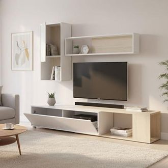 Dmora Wohnwand Denali, modulares Eck-Wohnzimmerset, Multipositions-Wohnzimmerm&ouml;bel, 230 x 41 x 180 cm, Wei&szlig; und Eiche