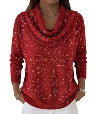 ORANDESIGNE Pull Paillettes Femme Chic et Elegant Col Cowl Soiree Haut &agrave; Sequins Pull de No&euml;l Scintillant A Rouge 3XL