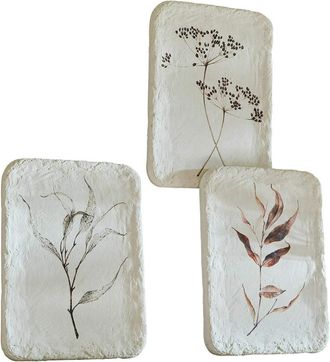 Loberon Bild 3er Set Hillsdale, DREI Designs, Feine Blatt-Bemalung, Stein-Optik, Wanddekoration, Wandschmuck, Furnierschichtholz, Magnesiumoxid, weiß