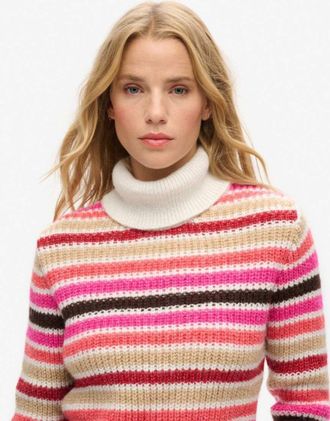Superdry Cropped Rollkragenpullover in gestreiftem Ecru-Rosa