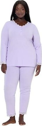 Ulla Popken Femme Grandes Tailles Pyjama avec Dentelle et Boutons, Manches Longues et col V Lavande Tendre 62+ 834319800-62+