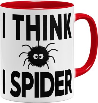 OM3 I Think I Spider Kaffee-Tasse mit Spruch - lustige Spruchtasse im Denglisch Stil - Ich glaub ich spinne - Keramik Becher - 325ml - Beidseitig Bedruckt