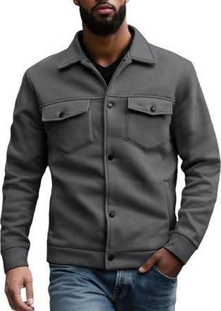 Generic Vestes pour homme avec poches - Veste de travail pour homme avec boutons - Col &agrave; revers - Veste de loisirs - Chemise longue - Veste de transition - Ve