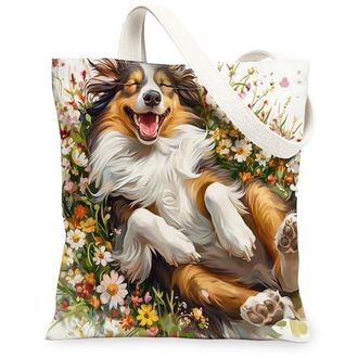 Generic Sac fourre-tout en toile motif chien berger Shetland printemps 33 x 38,1 cm, mignon champ de fleurs r&eacute;utilisable, sac d&eacute;picerie pour femme, peinture d