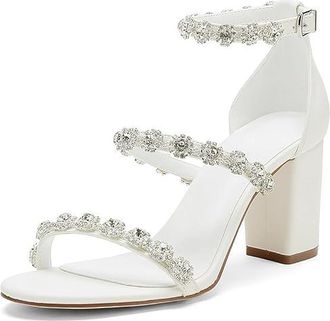 Generic Sandales de Mariage Cristal pour Femme Talon Bloc 8cm Design Trois Brides Bout Rond Ouvert Blanc,Blanc,36 EU