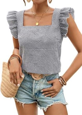 Generic Chemisier imprim&eacute; vichy pour femme - Col carr&eacute; - Manches courtes - Style d&eacute;contract&eacute; - Printemps et &eacute;t&eacute;, Noir, XL