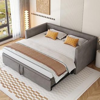 Merax Canapé-lit 2 places, extensible, pliant, avec sommier à lattes, fonction de couchage, tissu velours, 90/180 x 200 cm, gris foncé (sans matelas)