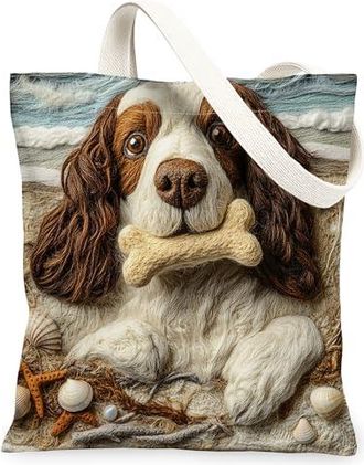 Generic Sac fourre-tout amusant en toile motif &eacute;pagneul springer pour faire du shopping, 33 x 38,1 cm, sac d&eacute;picerie r&eacute;utilisable pour femme, peinture danimau