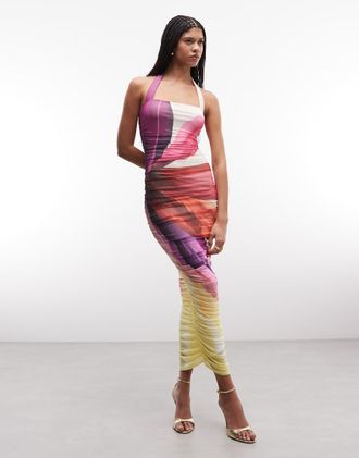 AFRM Indina - Robe mi-longue &agrave; encolure am&eacute;ricaine en tulle imprim&eacute; fleuri - Rose-multicolore