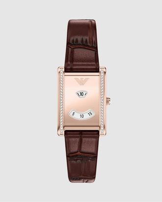 Emporio Armani Uhr mit zwei Zeigern aus braunem Leder in Ros&eacute;gold