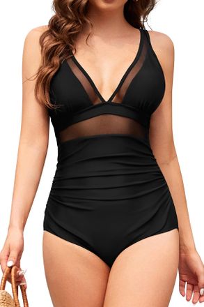 SHEKINI V Ausschnitt Sexy Mesh Damen Badeanzug Rückenfrei Einteilige Bademode Bauchweg Verstellbarer Swimsuit(Schwarz,M)