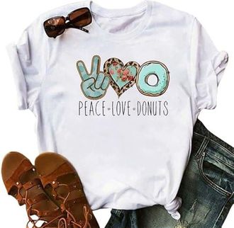 Keephen Peace Love T-Shirt Donut Caf&eacute; L&eacute;opard Coeur Signe de Paix Impression 3D Femmes Manches Courtes Col Ras du Cou Tees Shirt Casual Pullover Tops