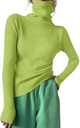 Generic Pull en tricot c&ocirc;tel&eacute; &agrave; col roul&eacute; avec trou pour le pouce et manches longues col montant uni coupe ajust&eacute;e d&eacute;contract&eacute;e 2026, Vert, XXL