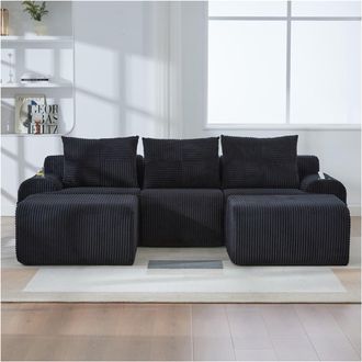 Generic Modernes L-f&ouml;rmiges modulares Sofa, 3-Sitzer-Sofa, modulares Ecksofa aus Cord, ergonomisch geschwungenes Design, ausgestattet mit Aufbewahrungstaschen