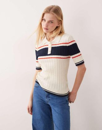 GANT Polo-Sweatshirt in gestreiftem Cremewei&szlig; mit Knopfleiste-Neutral