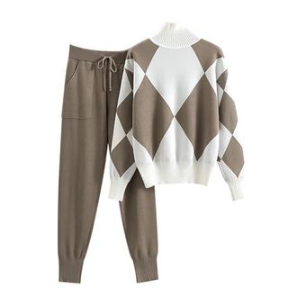 Generic Ensemble complet de survêtement pour femme - Knit Co Ord Ensembles 2 pièces Tenues Pull à manches longues Tops Pantalon de jogging Vêtements dintérieu