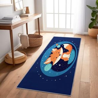 Generic Tapis Cuisine Devant evier, Bleu foncé Couloir Antiderapant - Dessin animé Planète Animaux Renard Machine Doux, 60 x 120 cm Tapis Couloir pour Salon C