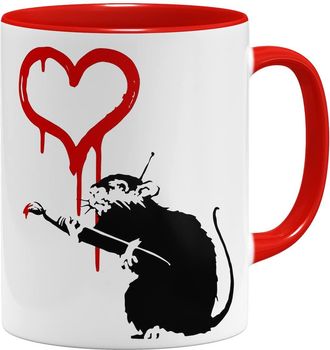OM3 Love Heart Rat Banksy Tasse - Keramik Becher - 11oz 325ml - Beidseitig Bedruckt - Rot