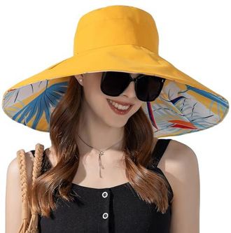 Feoya Chapeau Femme Soleil à Large Bord Chapeau Pliable Anti-UV Été Plage Réversible Capeline Anti-Soleil Respirant Panama Plage Voyage A3