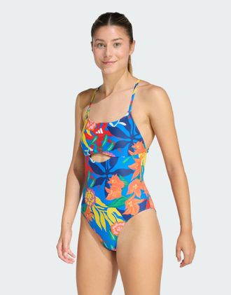 adidas adidas Performance - Maillot 1 pi&egrave;ce nou&eacute; dans le dos &agrave; imprim&eacute; fleurs Mexicana - Bleu &eacute;clatant et blanc