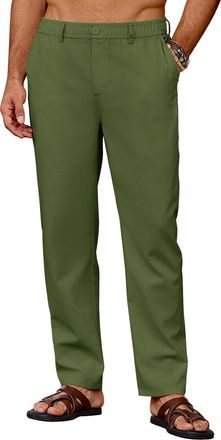 Coofandy Herren Hose Lang Leichte Sommerhose Leinenhose Freizeithose Strandhose Einfarbig Herrenhosen mit Taschen Elastischer Bund Armeegr&uuml;n XXL