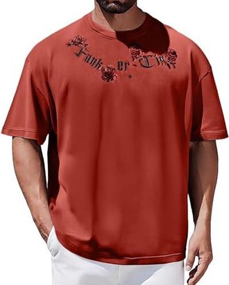 Generic 2026 Saint-Valentin europ&eacute;enne rose broderie lettre hommes d&eacute;contract&eacute; tendance l&acirc;che col rond manches courtes t-shirt, Rouge, 3XL