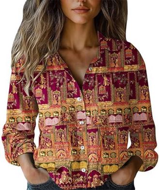 Generico Chemise Femme D&eacute;contract&eacute;e Manches Longues Blouse Coton Et Lin Curvy Grande Taille Chemisier Col en V Doux T Shirt Vintage Fantaisie avec Boutons Mode