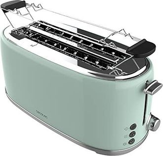Cecotec Toaster 4 Scheiben Toast&Taste 1600 Retro Double Green, 1630 W, 2 Breite und Lange Schlitze von 3,8 cm, Edelstahl, Obere Roste, Regulierbare Leistung,