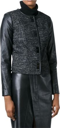 Michael Kors Veste &agrave; devant en laine et manches en cuir - Femme - Vestes - Noir - Taille: 46 FR
