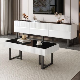 STILVORA Ensemble de Meubles de Salon avec 1 Meuble TV et 1 Table Basse, Rangement Int&eacute;gr&eacute;, pour Salon Moderne, MDF et Panneaux de Particules, Noir et Blanc