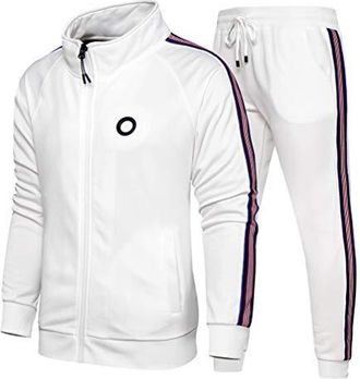 LaoZan Couleurs Contrastées Col Montant Ensemble Survêtement Homme Pantalon Sweat Jogging 2 Pcs Set (Blanc,2XL)