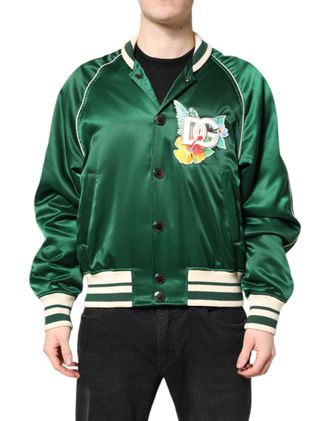 Dolce & Gabbana Mens Green Floral Dg Logo Full Zip Bomber Jacket Polyester Clothing