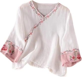 Generic Tunique ample en dentelle de style boh&egrave;me brod&eacute; &agrave; manches courtes pour femme - Style boh&egrave;me - Imprim&eacute; floral - 2025 - Chemise hippie &agrave; volants sur le 