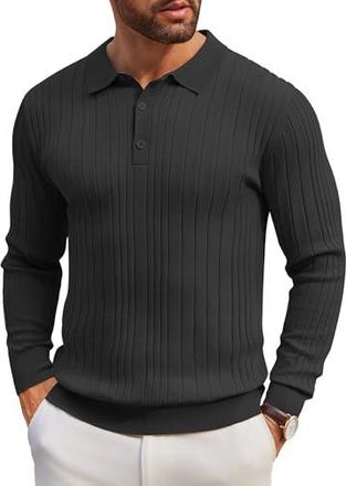 Coofandy Pull Homme Col Polo Manches Longues Tricot Fin Pull Polo Basique Uni pour Hommes Noir 3XL