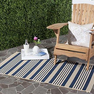 Safavieh Geometrisch Teppich f&uuml;r Wohnzimmer, Esszimmer, Schlafzimmer - Courtyard Collection, Kurzer Flor, Marine und Beige, 79 X 152 cm