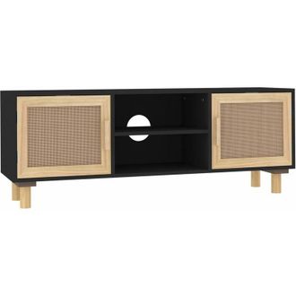 vidaXL Vidaxl - Meuble tv Noir 105x30x40cm Bois de pin massif et rotin naturel