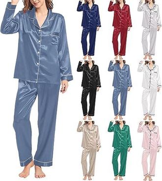 Generic Pyjama en satin &agrave; manches longues pour femme - V&ecirc;tement de nuit en satin de soie super doux avec pantalon &agrave; jambe droite - V&ecirc;tement de nuit d&eacute;contract