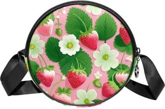 Generic Sac &agrave; bandouli&egrave;re rond pour femme, motif fraises, fleurs, petit sac &agrave; bandouli&egrave;re avec fermeture &eacute;clair, bretelles r&eacute;glables, sac &agrave; main rond d&eacute;contra