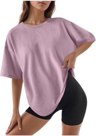 Generic T-shirt pour femme &agrave; col rond, haut basique moulant, manches courtes, t-shirt d&eacute;t&eacute;, t-shirt classique, Rose, XXL