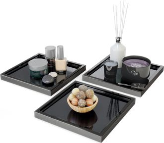 Vladon Dekoschale Maya, Made in Germany, moderne Dekorationsschale eckig, Schwarz Hochglanz, 3er-Set (20 x 1,8 x 20 cm)