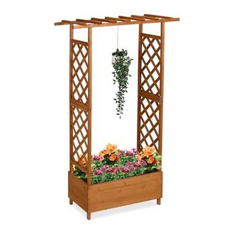 Relaxdays Blumenkasten mit Rankgitter & Dach, HBT: 183x110x44 cm, Pflanzkübel mit Spalier, Balkon & Garten, Holz, braun