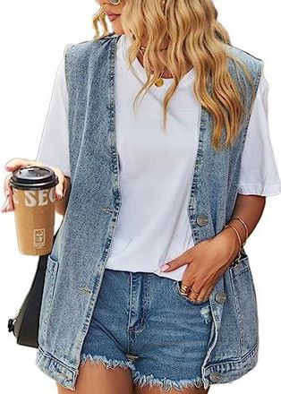 Onsoyours Gilet en Jean pour Femme sans Manches Bouton Veste en Denim avec Poches Veste en Jean Élégante Vintage Patchwork Vest Jacket C Bleu S