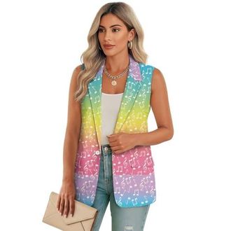 CHAQLIN Gilet sans manches pour femme - Style vintage - Boutonné - Avec poches, Note de musique arc-en-ciel, 3XL